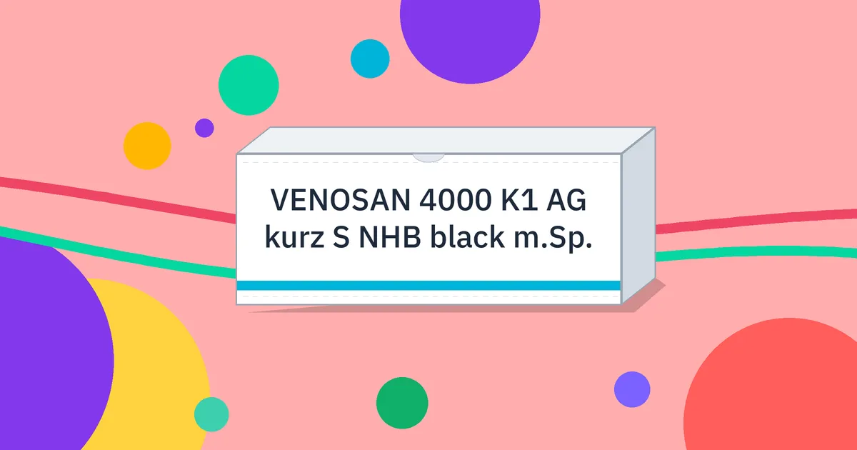 Symbolbild: Packung mit der Aufschrift VENOSAN 4000 K1 AG kurz S NHB black m.Sp. (PZN 14427067) – Verfügbarkeit und Bezug in Apotheken in Frankfurt am Main