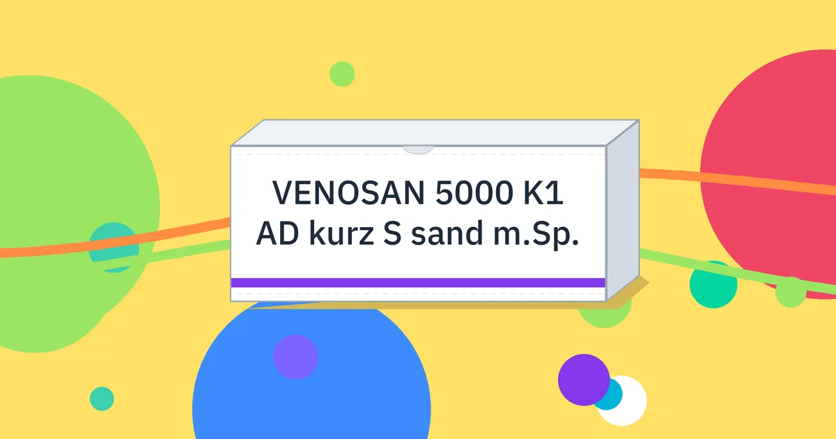 Symbolbild: Packung mit der Aufschrift VENOSAN 5000 K1 AD kurz S sand m.Sp. (PZN 14428121) – Verfügbarkeit und Bezug in Apotheken in Frankfurt am Main