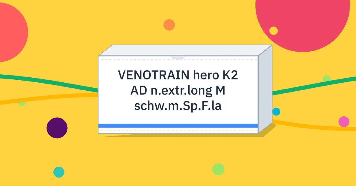 Symbolbild: Packung mit der Aufschrift VENOTRAIN hero K2 AD n.extr.long M schw.m.Sp.F.la (PZN 19189951) – Verfügbarkeit und Bezug in Apotheken in Frankfurt am Main