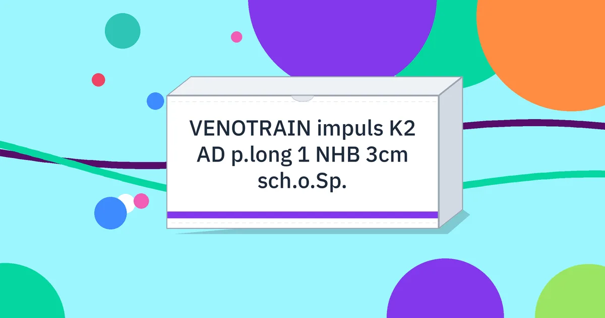 Symbolbild: Packung mit der Aufschrift VENOTRAIN impuls K2 AD p.long 1 NHB 3cm sch.o.Sp. (PZN 00656700) – Verfügbarkeit und Bezug in Apotheken in Frankfurt am Main