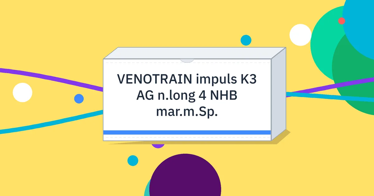 Symbolbild: Packung mit der Aufschrift VENOTRAIN impuls K3 AG n.long 4 NHB mar.m.Sp. (PZN 15215309) – Verfügbarkeit und Bezug in Apotheken in Frankfurt am Main