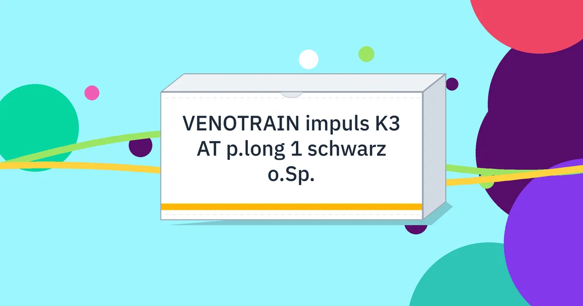 Symbolbild: Packung mit der Aufschrift VENOTRAIN impuls K3 AT p.long 1 schwarz o.Sp. (PZN 19356604) – Verfügbarkeit und Bezug in Apotheken in Frankfurt am Main