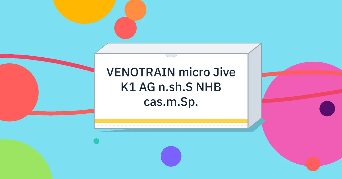 Symbolbild: Packung mit der Aufschrift VENOTRAIN micro Jive K1 AG n.sh.S NHB cas.m.Sp. (PZN 20767382) – Verfügbarkeit und Bezug in Apotheken in Frankfurt am Main