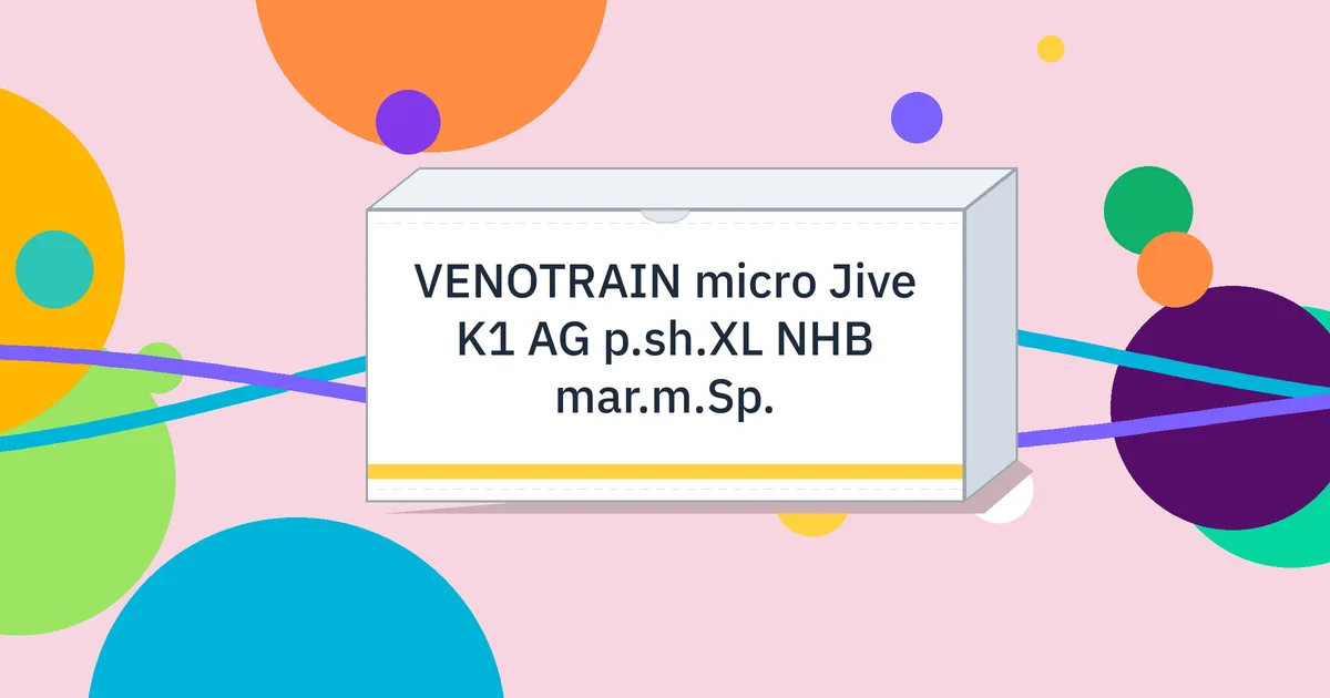 Symbolbild: Packung mit der Aufschrift VENOTRAIN micro Jive K1 AG p.sh.XL NHB mar.m.Sp. (PZN 17767355) – Verfügbarkeit und Bezug in Apotheken in Frankfurt am Main
