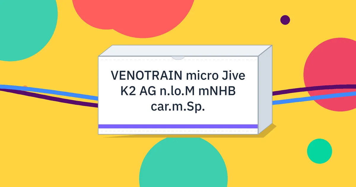 Symbolbild: Packung mit der Aufschrift VENOTRAIN micro Jive K2 AG n.lo.M mNHB car.m.Sp. (PZN 17758853) – Verfügbarkeit und Bezug in Apotheken in Frankfurt am Main