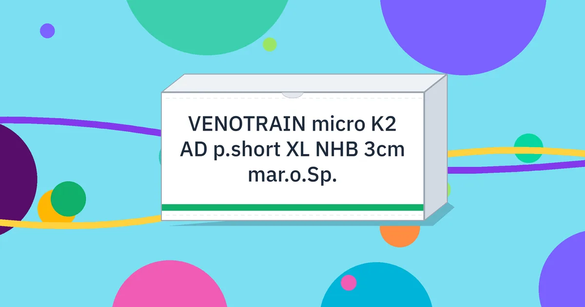 Symbolbild: Packung mit der Aufschrift VENOTRAIN micro K2 AD p.short XL NHB 3cm mar.o.Sp. (PZN 06701672) – Verfügbarkeit und Bezug in Apotheken in Frankfurt am Main