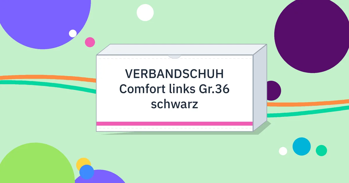 Symbolbild: Packung mit der Aufschrift VERBANDSCHUH Comfort links Gr.36 schwarz (PZN 11014933) – Verfügbarkeit und Bezug in Apotheken in Frankfurt am Main