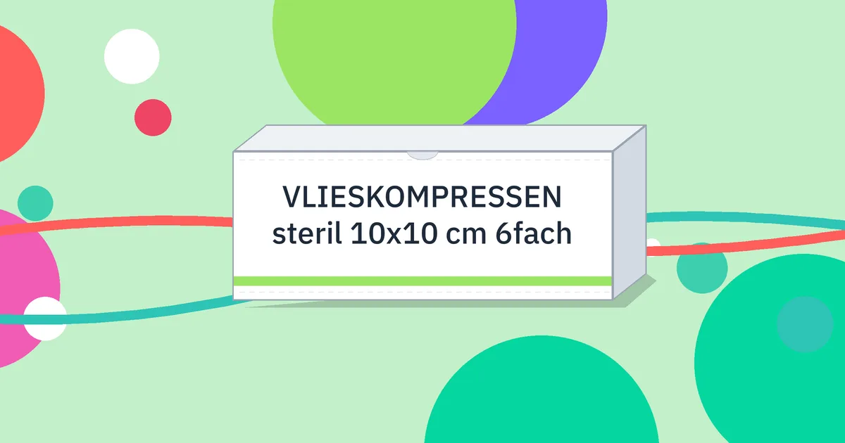 Symbolbild: Packung mit der Aufschrift VLIESKOMPRESSEN steril 10x10 cm 6fach (PZN 11860355) – Verfügbarkeit und Bezug in Apotheken in Frankfurt am Main