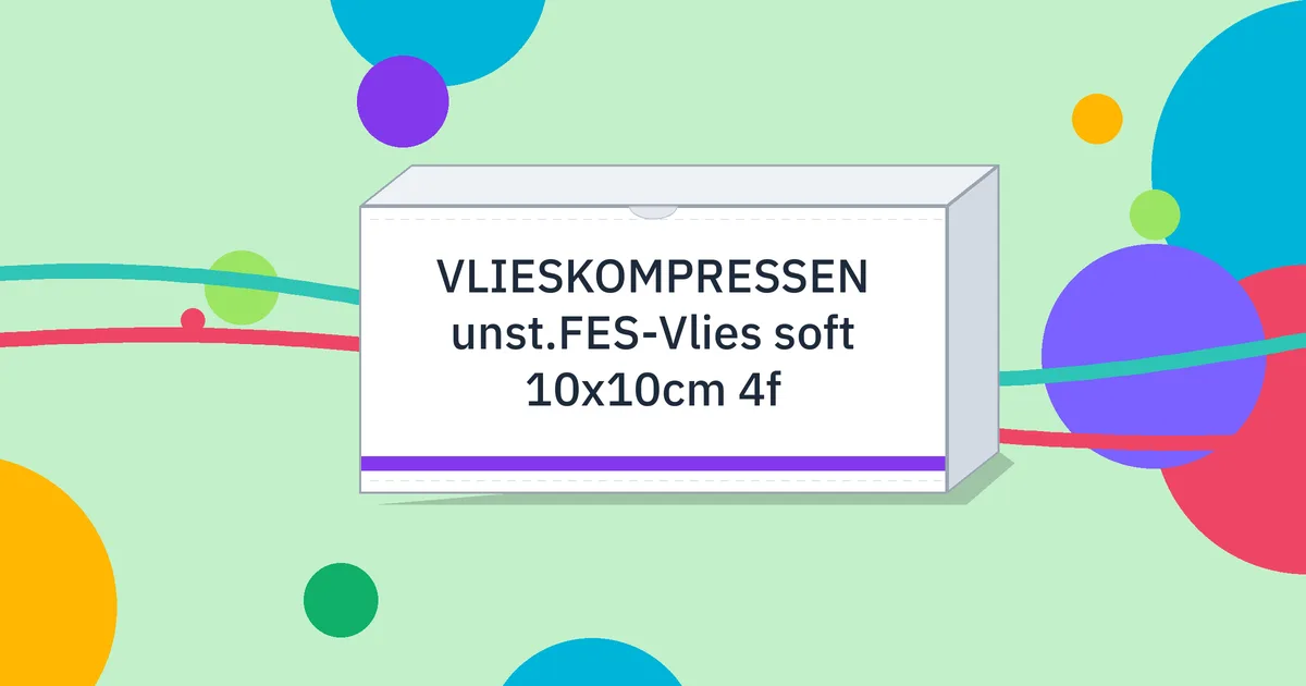 Symbolbild: Packung mit der Aufschrift VLIESKOMPRESSEN unst.FES-Vlies soft 10x10cm 4f (PZN 19799365) – Verfügbarkeit und Bezug in Apotheken in Frankfurt am Main