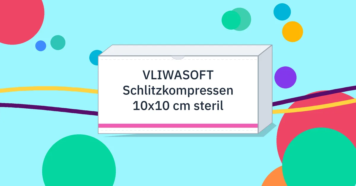 Symbolbild: Packung mit der Aufschrift VLIWASOFT Schlitzkompressen 10x10 cm steril (PZN 01643384) – Verfügbarkeit und Bezug in Apotheken in Frankfurt am Main