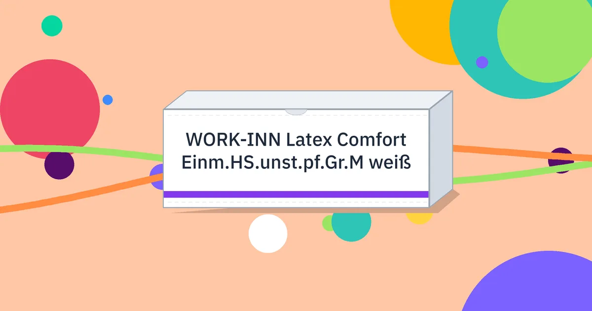 Symbolbild: Packung mit der Aufschrift WORK-INN Latex Comfort Einm.HS.unst.pf.Gr.M weiß (PZN 19357319) – Verfügbarkeit und Bezug in Apotheken in Frankfurt am Main