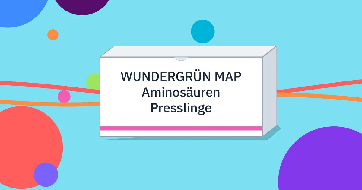 Symbolbild: Packung mit der Aufschrift WUNDERGRÜN MAP Aminosäuren Presslinge (PZN 18353957) – Verfügbarkeit und Bezug in Apotheken in Frankfurt am Main