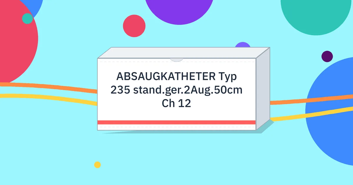 Symbolbild: Packung mit der Aufschrift ABSAUGKATHETER Typ 235 stand.ger.2Aug.50cm Ch 12 (PZN 16598962) – Verfügbarkeit und Bezug in Apotheken in Frankfurt am Main