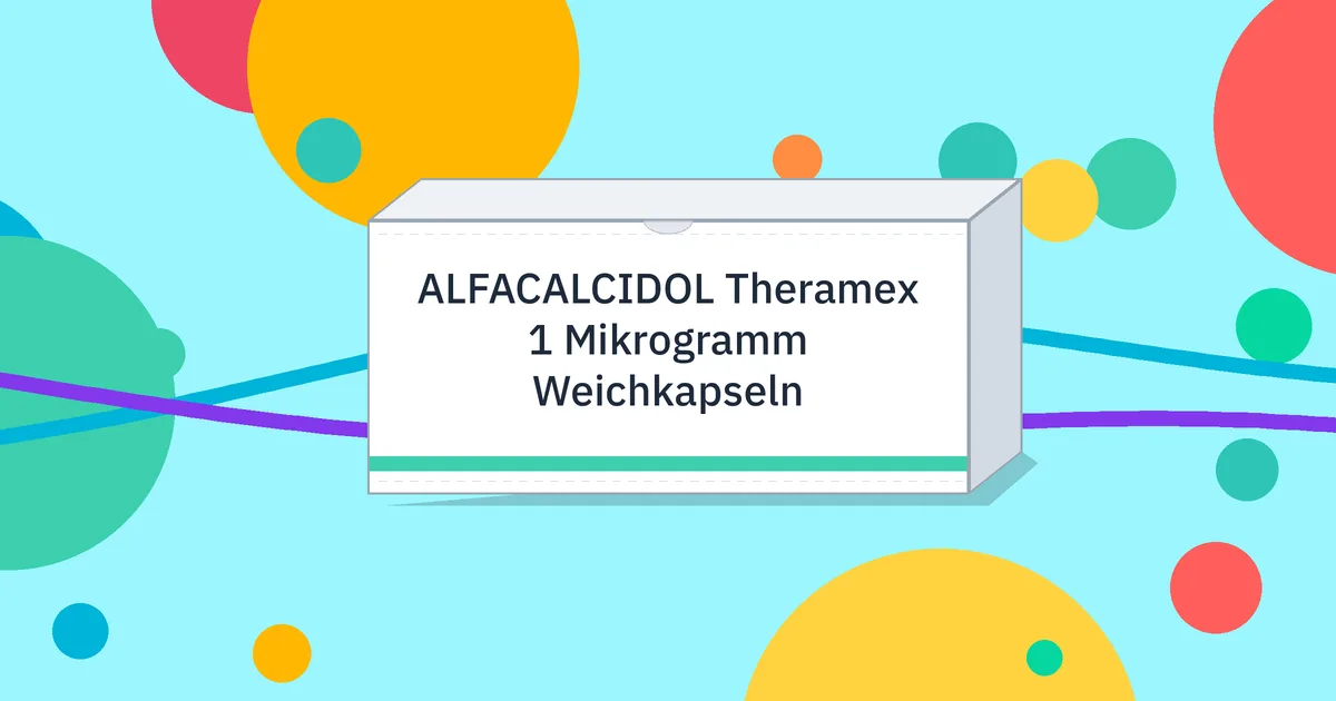 Symbolbild: Packung mit der Aufschrift ALFACALCIDOL Theramex 1 Mikrogramm Weichkapseln (PZN 17841873) – Verfügbarkeit und Bezug in Apotheken in Frankfurt am Main