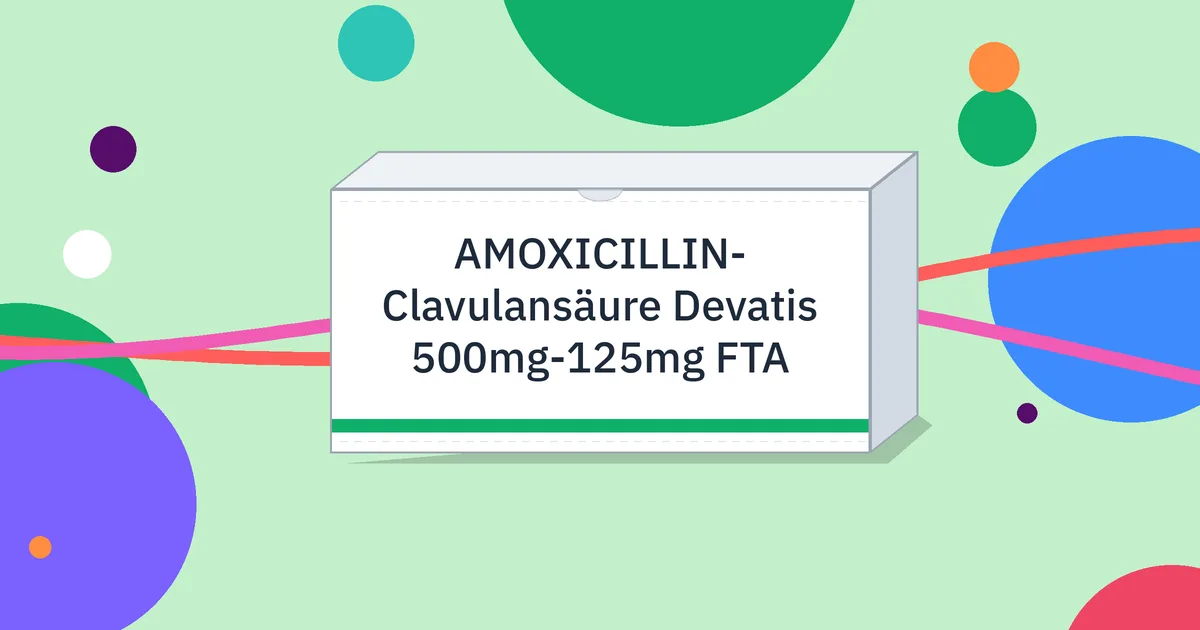 Symbolbild: Packung mit der Aufschrift AMOXICILLIN-Clavulansäure Devatis 500mg-125mg FTA (PZN 15404370) – Verfügbarkeit und Bezug in Apotheken in Frankfurt am Main