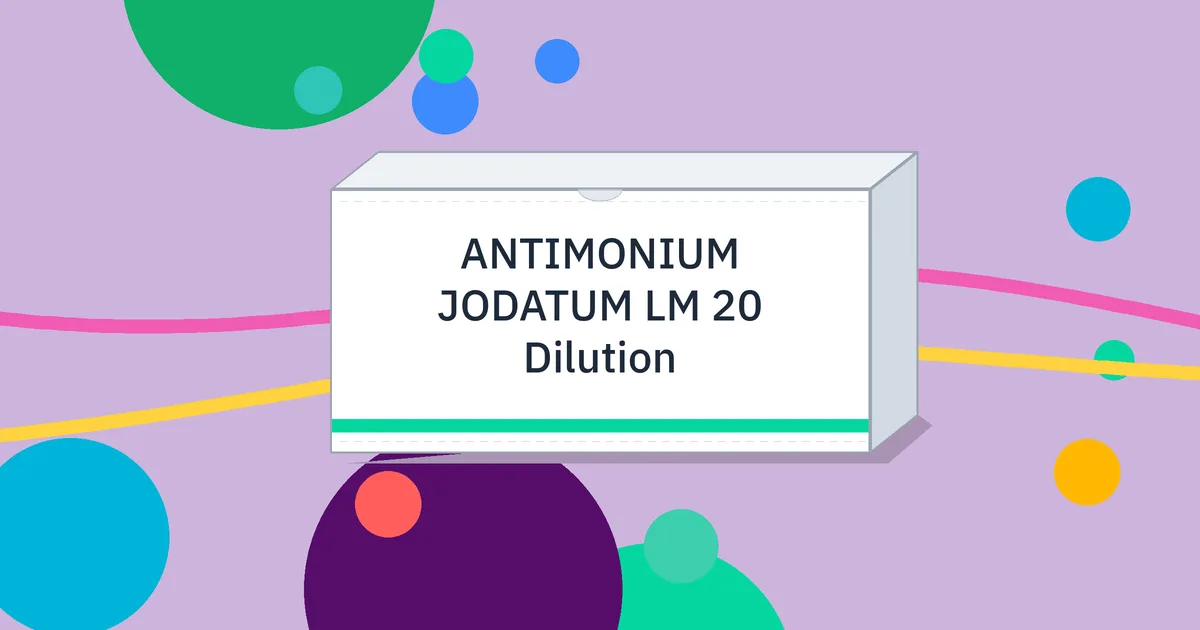 Symbolbild: Packung mit der Aufschrift ANTIMONIUM JODATUM LM 20 Dilution (PZN 12764323) – Verfügbarkeit und Bezug in Apotheken in Frankfurt am Main