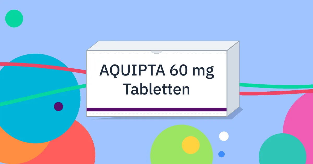 Symbolbild: Packung mit der Aufschrift AQUIPTA 60 mg Tabletten (PZN 19440753) – Verfügbarkeit und Bezug in Apotheken in Frankfurt am Main