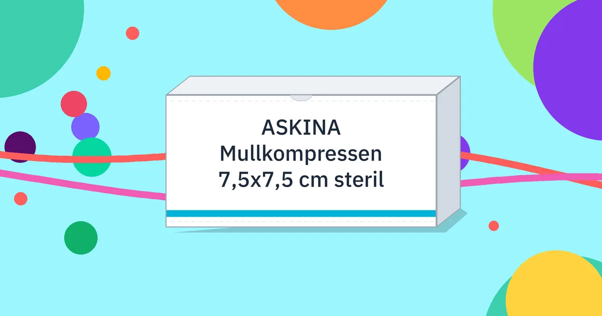 Symbolbild: Packung mit der Aufschrift ASKINA Mullkompressen 7,5x7,5 cm steril (PZN 12735712) – Verfügbarkeit und Bezug in Apotheken in Frankfurt am Main