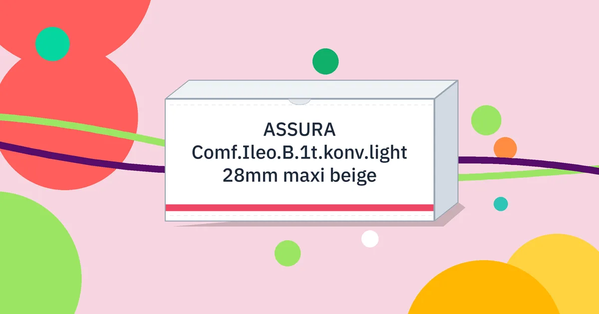 Symbolbild: Packung mit der Aufschrift ASSURA Comf.Ileo.B.1t.konv.light 28mm maxi beige (PZN 02238800) – Verfügbarkeit und Bezug in Apotheken in Frankfurt am Main