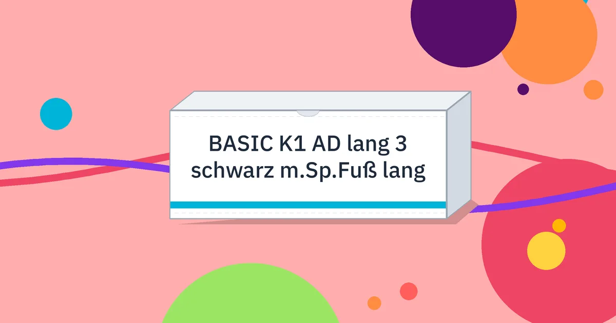 Symbolbild: Packung mit der Aufschrift BASIC K1 AD lang 3 schwarz m.Sp.Fuß lang (PZN 20257758) – Verfügbarkeit und Bezug in Apotheken in Frankfurt am Main