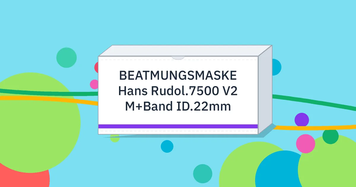 Symbolbild: Packung mit der Aufschrift BEATMUNGSMASKE Hans Rudol.7500 V2 M+Band ID.22mm (PZN 17303271) – Verfügbarkeit und Bezug in Apotheken in Frankfurt am Main