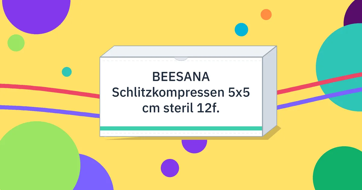 Symbolbild: Packung mit der Aufschrift BEESANA Schlitzkompressen 5x5 cm steril 12f. (PZN 01916669) – Verfügbarkeit und Bezug in Apotheken in Frankfurt am Main