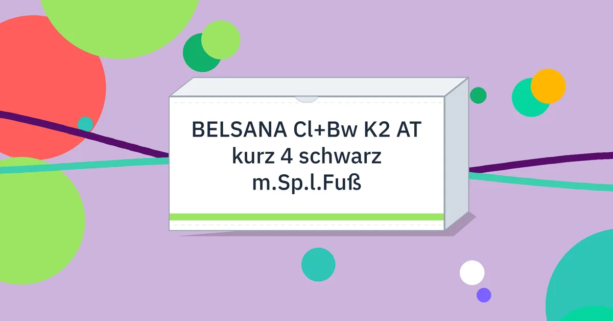 Symbolbild: Packung mit der Aufschrift BELSANA Cl+Bw K2 AT kurz 4 schwarz m.Sp.l.Fuß (PZN 12252971) – Verfügbarkeit und Bezug in Apotheken in Frankfurt am Main