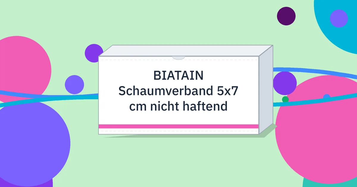 Symbolbild: Packung mit der Aufschrift BIATAIN Schaumverband 5x7 cm nicht haftend (PZN 01643102) – Verfügbarkeit und Bezug in Apotheken in Frankfurt am Main