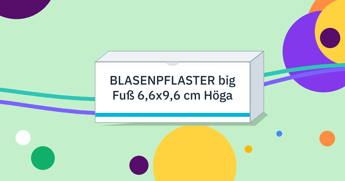 Symbolbild: Packung mit der Aufschrift BLASENPFLASTER big Fuß 6,6x9,6 cm Höga (PZN 17276278) – Verfügbarkeit und Bezug in Apotheken in Frankfurt am Main