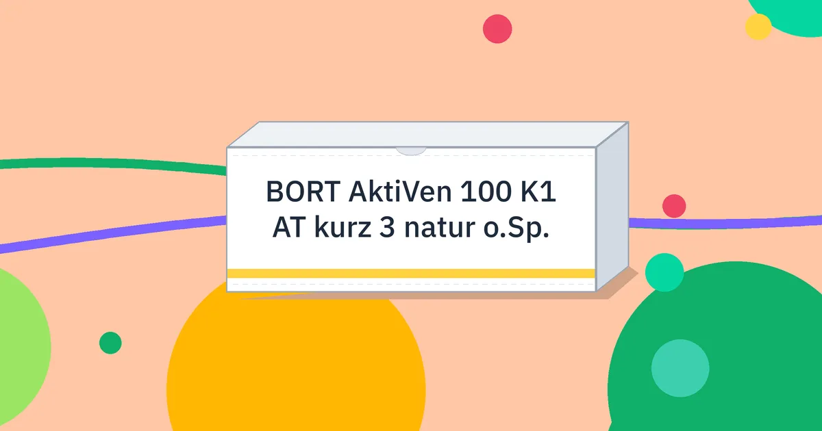 Symbolbild: Packung mit der Aufschrift BORT AktiVen 100 K1 AT kurz 3 natur o.Sp. (PZN 13736346) – Verfügbarkeit und Bezug in Apotheken in Frankfurt am Main