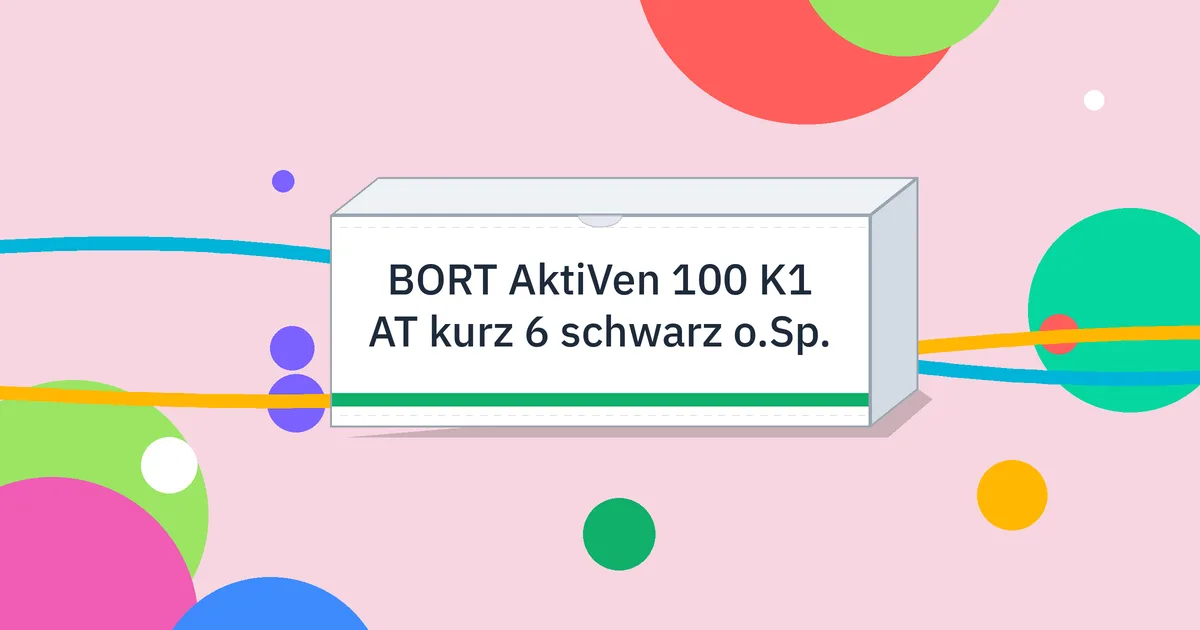 Symbolbild: Packung mit der Aufschrift BORT AktiVen 100 K1 AT kurz 6 schwarz o.Sp. (PZN 14388870) – Verfügbarkeit und Bezug in Apotheken in Frankfurt am Main