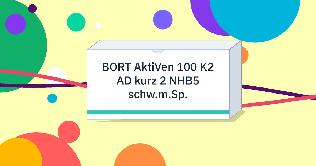 Symbolbild: Packung mit der Aufschrift BORT AktiVen 100 K2 AD kurz 2 NHB5 schw.m.Sp. (PZN 17497111) – Verfügbarkeit und Bezug in Apotheken in Frankfurt am Main