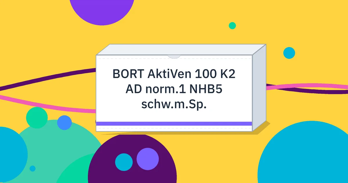 Symbolbild: Packung mit der Aufschrift BORT AktiVen 100 K2 AD norm.1 NHB5 schw.m.Sp. (PZN 17497016) – Verfügbarkeit und Bezug in Apotheken in Frankfurt am Main