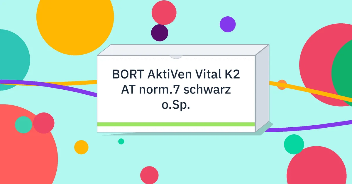 Symbolbild: Packung mit der Aufschrift BORT AktiVen Vital K2 AT norm.7 schwarz o.Sp. (PZN 13740388) – Verfügbarkeit und Bezug in Apotheken in Frankfurt am Main