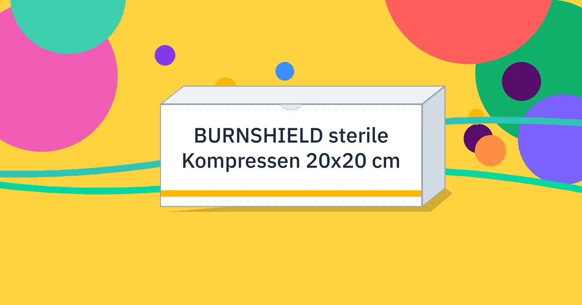 Symbolbild: Packung mit der Aufschrift BURNSHIELD sterile Kompressen 20x20 cm (PZN 05948838) – Verfügbarkeit und Bezug in Apotheken in Frankfurt am Main