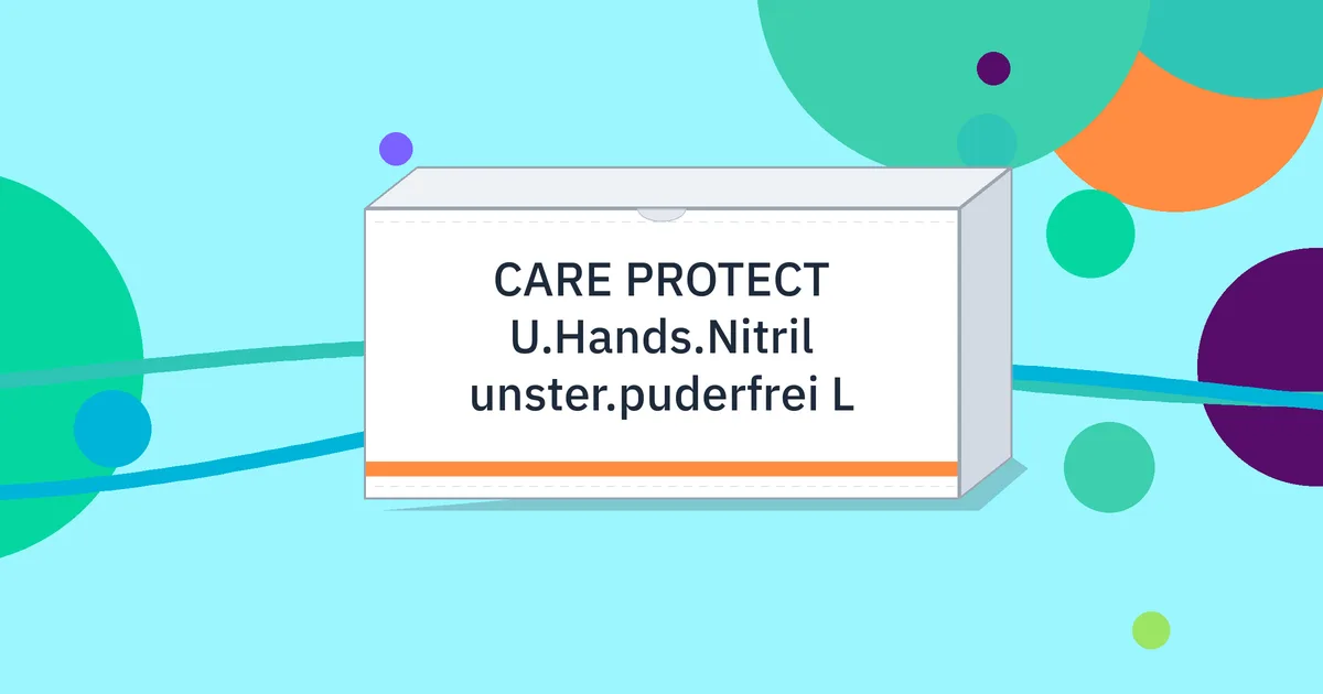 Symbolbild: Packung mit der Aufschrift CARE PROTECT U.Hands.Nitril unster.puderfrei L (PZN 17992773) – Verfügbarkeit und Bezug in Apotheken in Frankfurt am Main