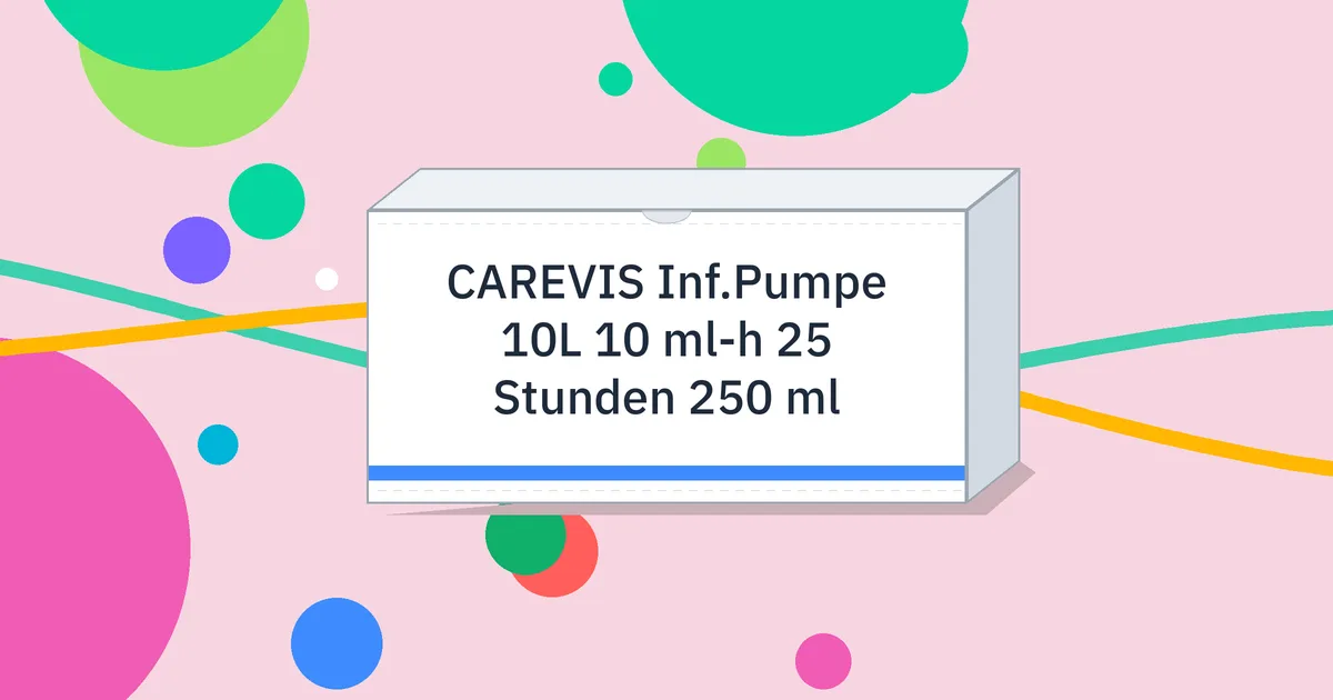 Symbolbild: Packung mit der Aufschrift CAREVIS Inf.Pumpe 10L 10 ml-h 25 Stunden 250 ml (PZN 08431136) – Verfügbarkeit und Bezug in Apotheken in Frankfurt am Main