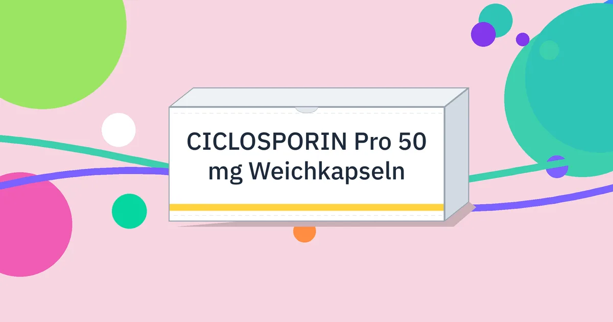 Symbolbild: Packung mit der Aufschrift CICLOSPORIN Pro 50 mg Weichkapseln (PZN 19264888) – Verfügbarkeit und Bezug in Apotheken in Frankfurt am Main