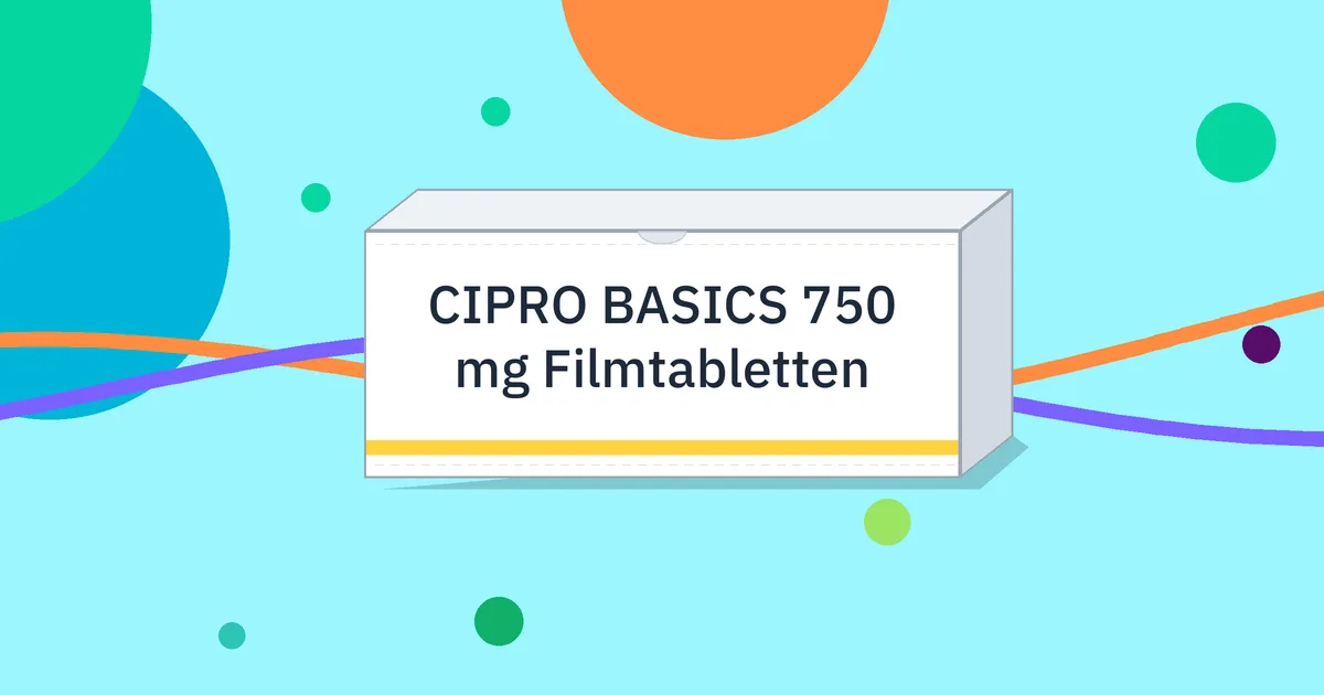 Symbolbild: Packung mit der Aufschrift CIPRO BASICS 750 mg Filmtabletten (PZN 06934815) – Verfügbarkeit und Bezug in Apotheken in Frankfurt am Main