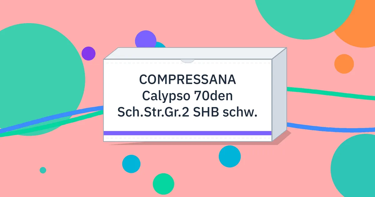 Symbolbild: Packung mit der Aufschrift COMPRESSANA Calypso 70den Sch.Str.Gr.2 SHB schw. (PZN 08910842) – Verfügbarkeit und Bezug in Apotheken in Frankfurt am Main