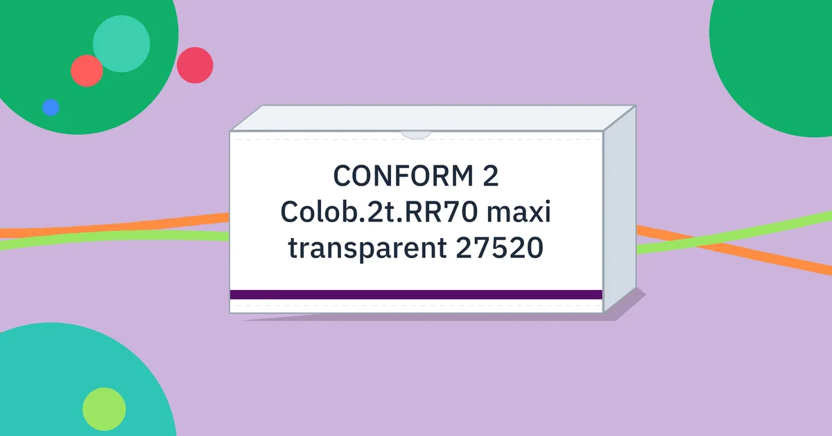 Symbolbild: Packung mit der Aufschrift CONFORM 2 Colob.2t.RR70 maxi transparent 27520 (PZN 00733530) – Verfügbarkeit und Bezug in Apotheken in Frankfurt am Main