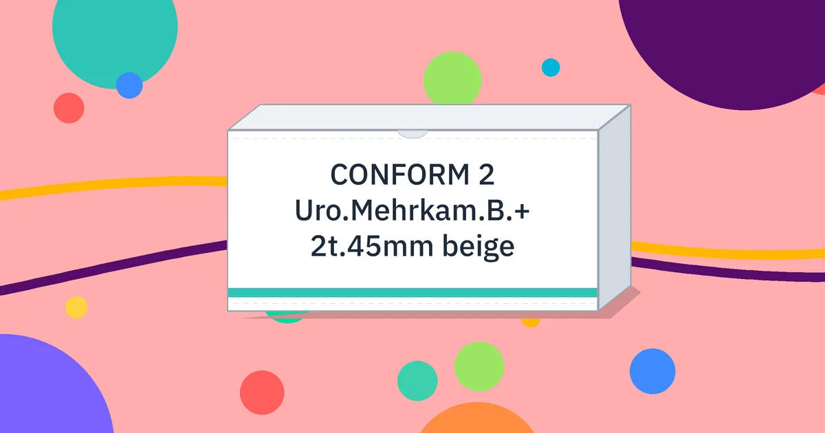 Symbolbild: Packung mit der Aufschrift CONFORM 2 Uro.Mehrkam.B.+ 2t.45mm beige (PZN 10812590) – Verfügbarkeit und Bezug in Apotheken in Frankfurt am Main