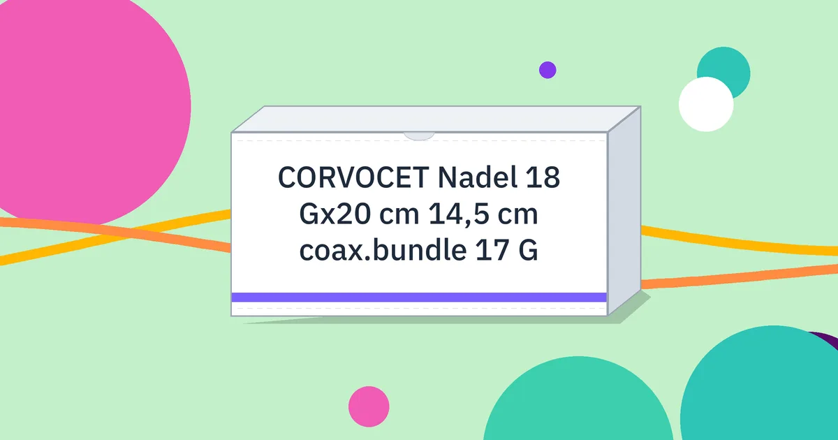 Symbolbild: Packung mit der Aufschrift CORVOCET Nadel 18 Gx20 cm 14,5 cm coax.bundle 17 G (PZN 18764169) – Verfügbarkeit und Bezug in Apotheken in Frankfurt am Main