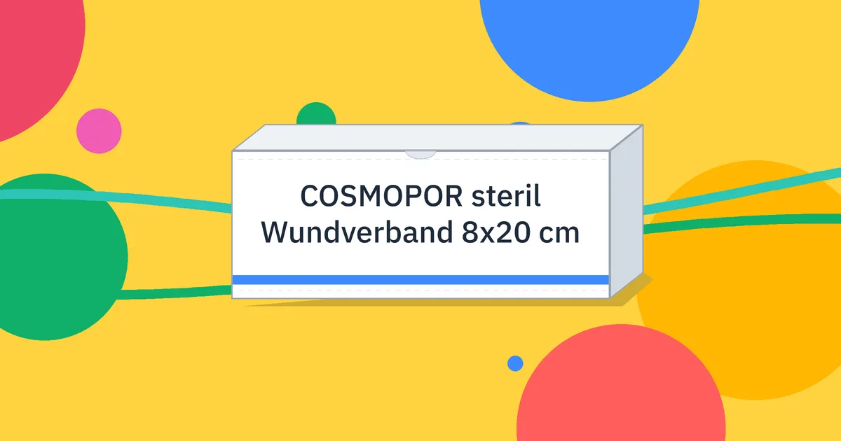 Symbolbild: Packung mit der Aufschrift COSMOPOR steril Wundverband 8x20 cm (PZN 17433565) – Verfügbarkeit und Bezug in Apotheken in Frankfurt am Main