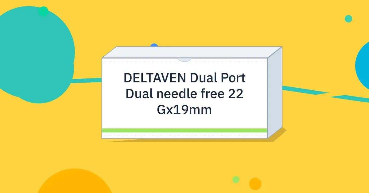 Symbolbild: Packung mit der Aufschrift DELTAVEN Dual Port Dual needle free 22 Gx19mm (PZN 18873786) – Verfügbarkeit und Bezug in Apotheken in Frankfurt am Main