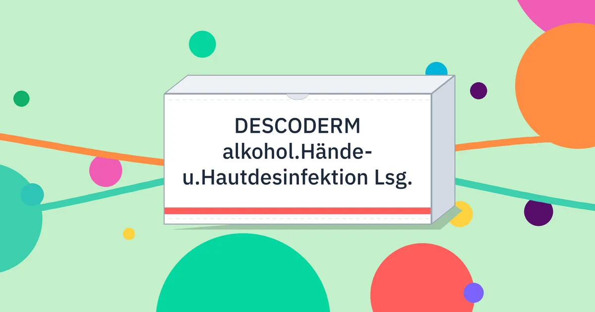 Symbolbild: Packung mit der Aufschrift DESCODERM alkohol.Hände- u.Hautdesinfektion Lsg. (PZN 15231998) – Verfügbarkeit und Bezug in Apotheken in Frankfurt am Main