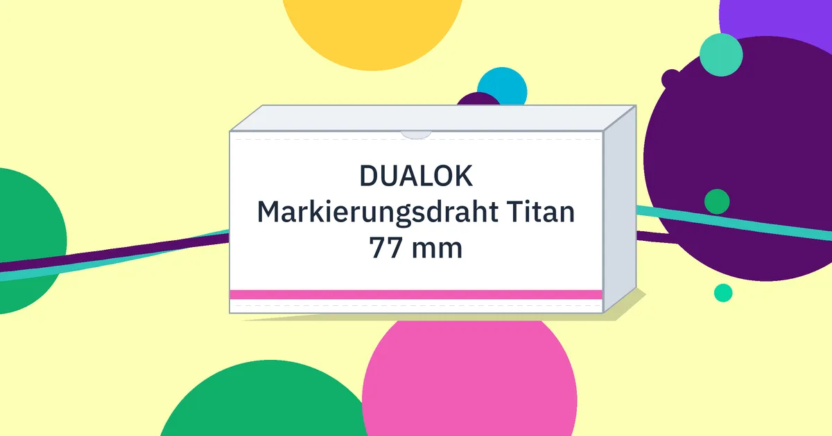 Symbolbild: Packung mit der Aufschrift DUALOK Markierungsdraht Titan 77 mm (PZN 03404904) – Verfügbarkeit und Bezug in Apotheken in Frankfurt am Main