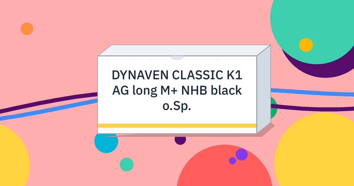 Symbolbild: Packung mit der Aufschrift DYNAVEN CLASSIC K1 AG long M+ NHB black o.Sp. (PZN 18415428) – Verfügbarkeit und Bezug in Apotheken in Frankfurt am Main