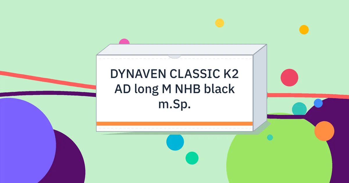 Symbolbild: Packung mit der Aufschrift DYNAVEN CLASSIC K2 AD long M NHB black m.Sp. (PZN 18417947) – Verfügbarkeit und Bezug in Apotheken in Frankfurt am Main