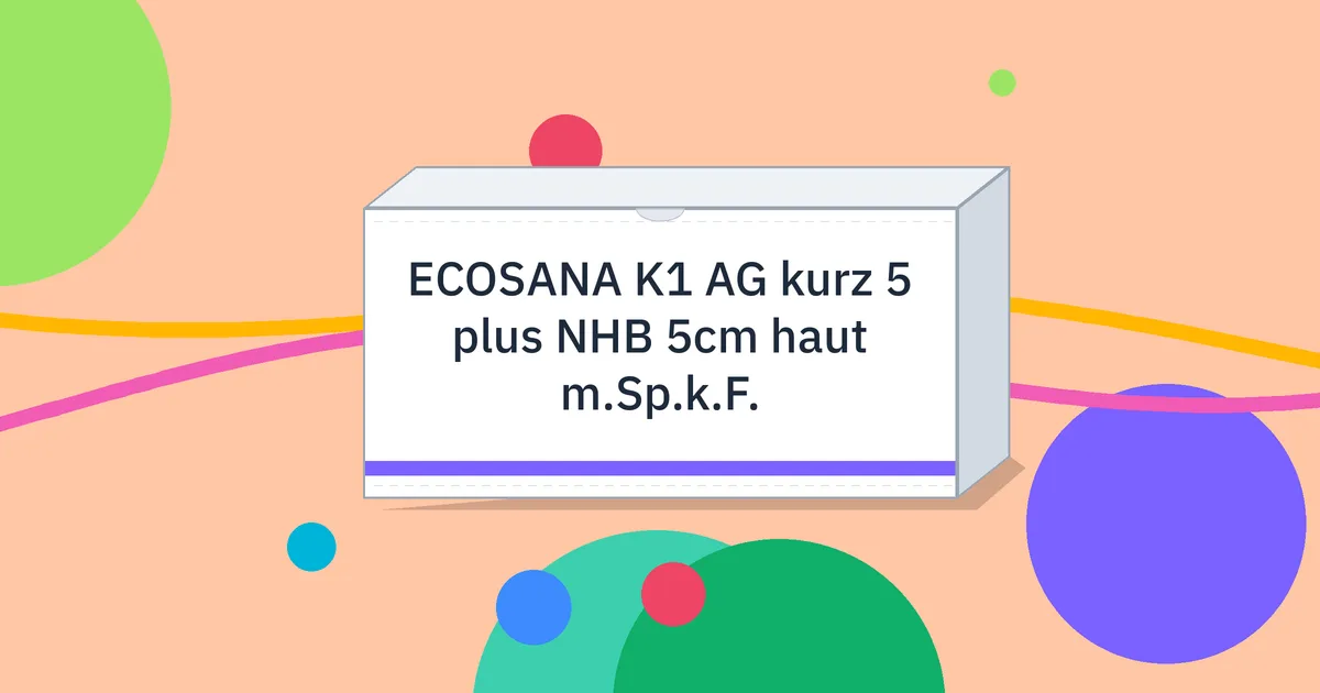 Symbolbild: Packung mit der Aufschrift ECOSANA K1 AG kurz 5 plus NHB 5cm haut m.Sp.k.F. (PZN 04729488) – Verfügbarkeit und Bezug in Apotheken in Frankfurt am Main